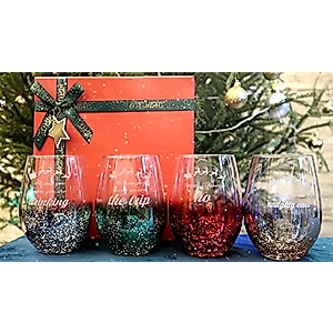 Christmas Stemless Santa Wine Glasses, Handmade Etched Wine Glasses, 4 Pack