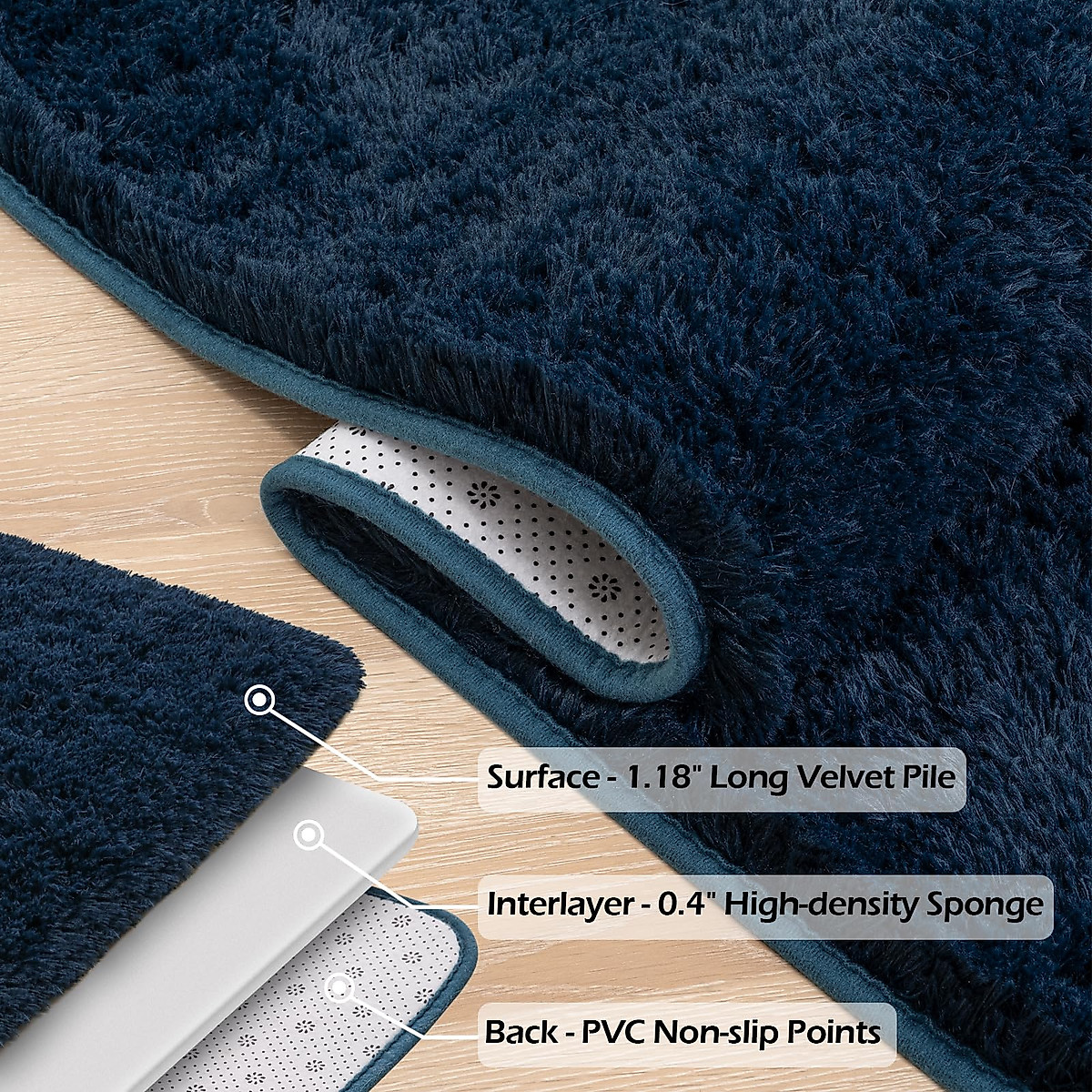 Maxsoft Soft Shaggy Runner Rug for Bedroom, 2x6 Feet Indoor Modern Fluffy Area Rugs Fuzzy Carpet for Hallway Bedside, Upgrade Non-Slip Shag Plush Rug for Dorm Living Room, Navy Blue