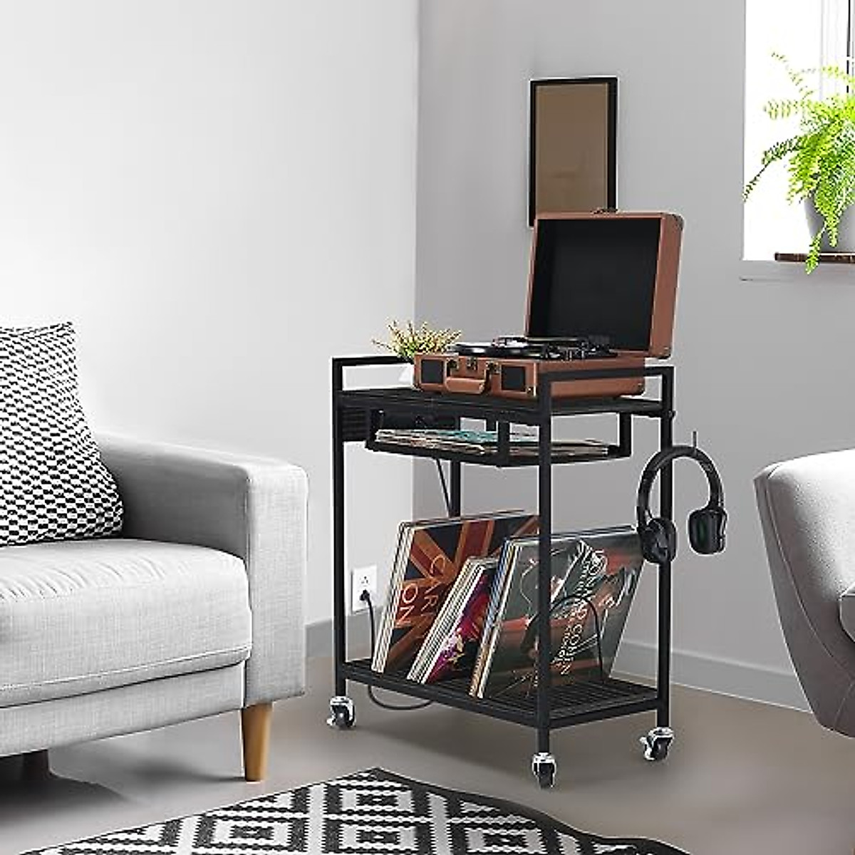 Black Record Player Stand Turntable Stand with Vinyl Storage Wooden Record Player Table with Charging Station 2 Tier End Table for Vinyl Records Album Holder Cabinet Record Shelf on Wheels