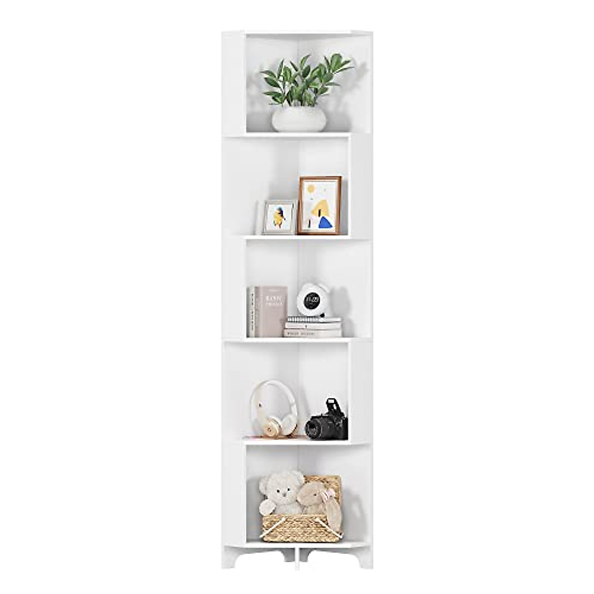 Yusong Bookshelf Corner Shelf Bookcase, Wooden 5-Tier Book Shelves Display Cabinet for Living Room,Bedroom,Bathroom, White