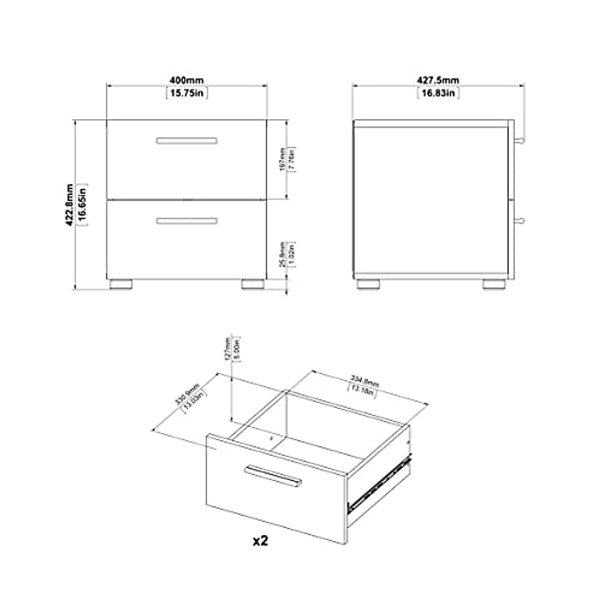 Tvilum, 2 Drawer Nightstand for Bedroom, Modern Silver Drawer Handles, Contemporary, Oak