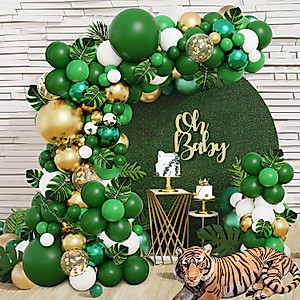 Jungle Party Balloons Garland Arch Kit, Green Gold White Balloons Safari Tropical Dinosaur Birthday Party Decorations for Baby Shower, Bridal Shower, Wedding, Anniversary, Graduations