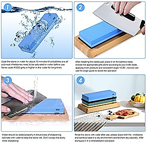 Sharpening Stone Whetstone Set, Knife Sharpening Stone Kit 4 Side Grit 400/1000 3000/8000, Professional Whetstone Knife Sharpener Includes Bamboo Base, Flattening Stone, Leather Strop & Angle Guide