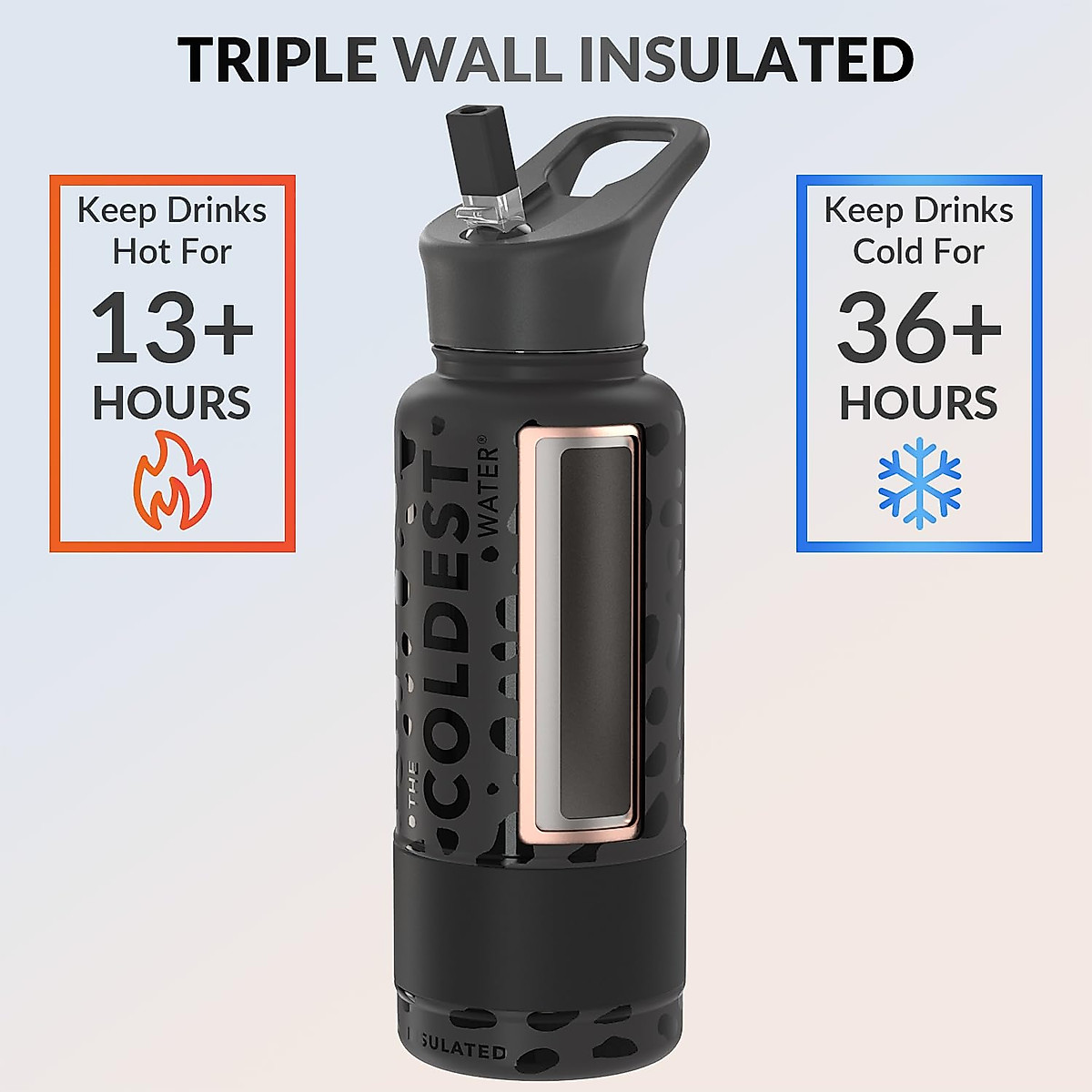 Coldest Sports Water Bottle with Straw Lid Vacuum Insulated Stainless Steel Metal Thermos Bottles Reusable Leak Proof Flask for Sports Gym(32 oz, Black Leopard)