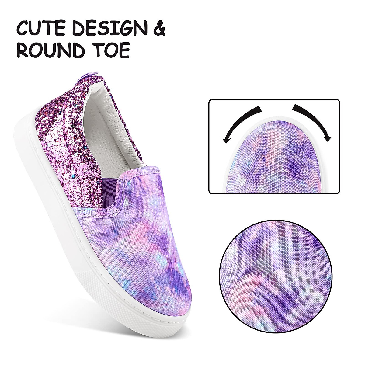 K KomForme Toddler Sneakers for Girls Boys Slip On Canvas Walking Shoes, Size 2 Big Kid, Purple Glitter