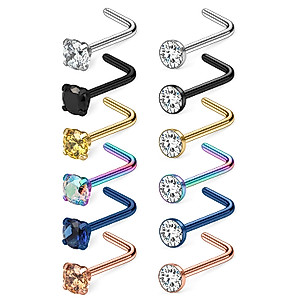 Cisyozi 18G Nose Rings Stud for Women Stainless Surgical Steel Nose Ring 18Gauge L Shaped Bend Curved Nose Nostril Rings Stud Nose Piercing Jewelry Men Diamond silver Black Rose Gold Coloful Rainbow