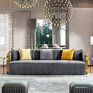 Acanva Mid-Century Modern Sofa for Living Room with Golden Band Sloped Arm, Channel Tufted Performance, 95”W Couch, Grey