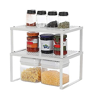 SONGMICS Cabinet Shelf Organizers, Stackable, Expandable, Set of 2 Metal Kitchen Counter Shelves, White UKCS01WT