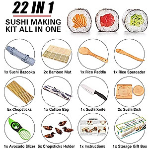 Sushi Making Kit, 22 Pcs Pro Sushi Kit Includes Bazooka Roller, Bamboo Mats, Avocado Knife, Sushi Knife, Chopsticks, Sauce Dishes, Rice Spreader & More All-in-One DIY Sushi Gift
