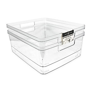Isaac Jacobs 2-Pack Large Clear Storage Bins (11.5” L x 14” W x 5.5” H) w/Cutout Handles, Plastic Organizer for Home, Office, Kitchen, Fridge/Freezer, Bathroom, BPA Free, Food Safe (Large)