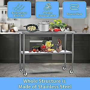 ROVSUN 36' x 24'' Stainless Steel Table for Prep & Work,Commercial Worktables & Workstations,Heavy Duty Metal Table with Wheels & Backsplash for Kitchen, Restaurant,Home