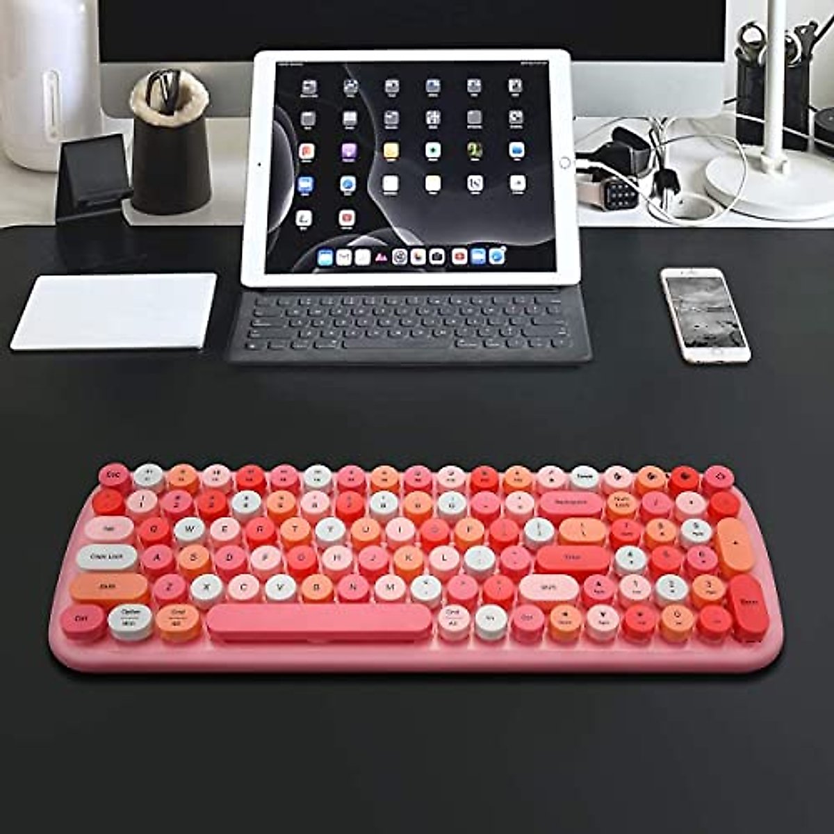 MOFII Bluetooth Wireless Keyboard for iPad, Laptop, PC, Mac, Smartphone, Connect 3 Bluetooth Devices, Cute Colorful Round Keys Retro Aesthetic Keyboard - Pink