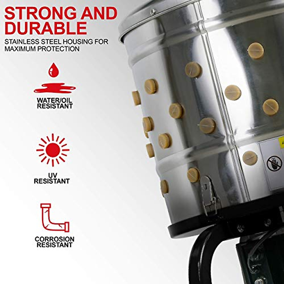 Kitchener Chicken Plucker De-Feather Remover Poultry and Fowl Food Processor Electric Stainless Steel Heavy Duty 1HP 120VAC 280RPM GFCI Connector 92 Soft Fingers 20" Drum Diameter