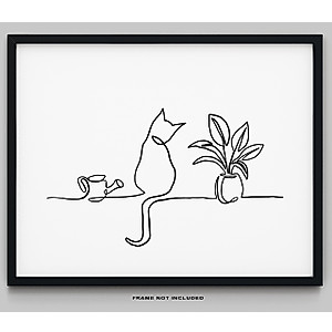 Minimalist Cat Wall Art - 14x11" UNFRAMED Print - Cat Line Drawing Wall Art With Plants - Black And White Wall Decor - Cat Lover Gifts
