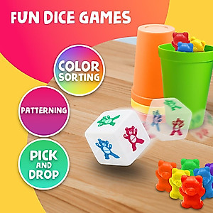 Skoolzy Rainbow Stacking Bears with Matching Sorting Cups 69 Piece Set, 60 Bear counters, Scissor Tongs, Rainbow Cups, Storage Bag, Sorting dice Game