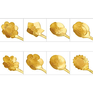 Maitys 16 Pieces Stainless Steel Flower Coffee Spoon Dessert Spoon Sugar Spoon Ice Cream Spoon Stirring Spoon Tea Spoon Milkshake Spoon Set for Tableware Kitchen, Cafe or Bar (Gold)