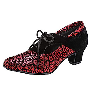 HIPPOSEUS Latin Dance Shoes for Women with Closed Toe Lace up Ballroom Latin Salsa Tango Dance Practice Shoes Low heel 1.75",Black Red, 7.5 B(M) US