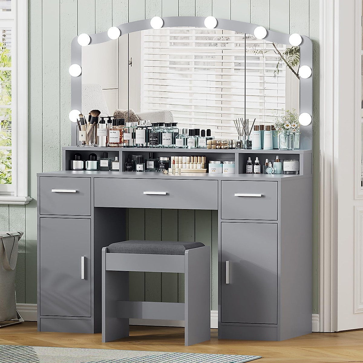 usikey Makeup Vanity with Lights, Vanity Desk, Makeup Vanity Table with 3 Drawers, 2 Cabinets & Long Storage Shelf, 10 Led Lights, Dressing Vanity Table with Stool, for Women, Girls, Bedroom, Grey