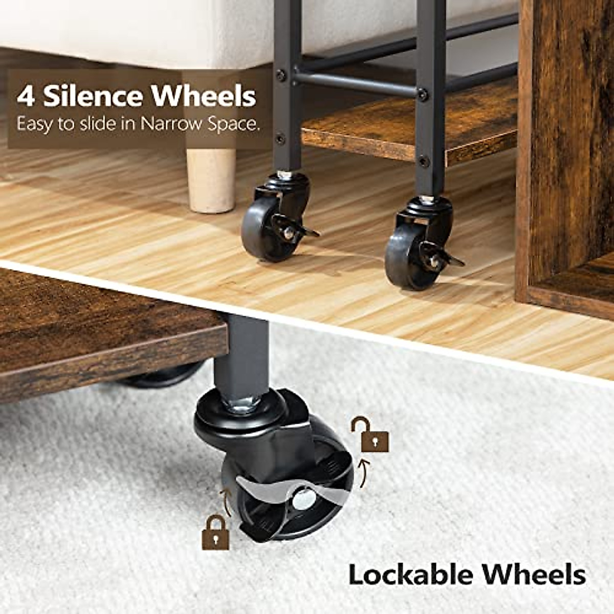 MAHANCRIS 3-Tier Slim Rolling Cart, Narrow Kitchen Cart on Wheels, Practical Storage Rolling Cart, Wooden Kitchen Storage Rack, for Tight Spaces in Dining Room, Bathroom, Rustic Brown RCHR1501Z