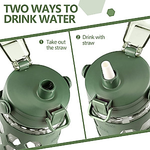 MUKOKO 32oz Glass Tumbler with Straw and Lid,Glass Water Bottles with Time Marker,Iced Coffee Cup,Silicone Sleeve,Leakproof,BPA Free-Olive