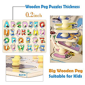 Wooden Peg Puzzles Set for Toddlers 3 4 Years Old, Alphabet ABC, Numbers and Farm Animals Learning Puzzles Board for Kids, Preschool Educational Pegged Puzzles Activity Toys Gift for Boys Girls