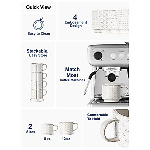 LE TAUCI Stackable Coffee Mugs Set with Stand, Ceramic Embossment Coffee Cups for Au Lait, Cappuccino,Latte,Cafe,Mocha,Tea, Suit For Housewarming Wedding - 12 oz, Set of 4,Arctic white