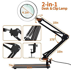 10X Magnifying Glass with Light, KUVRS 2-in-1Anti-Tipping Base & Clamp Magnifying Lamp, 3 Color Modes Stepless Dimmable, Adjustable Swing Arm Lighted Magnifying Glass for Hobby, Soldering, Close Work