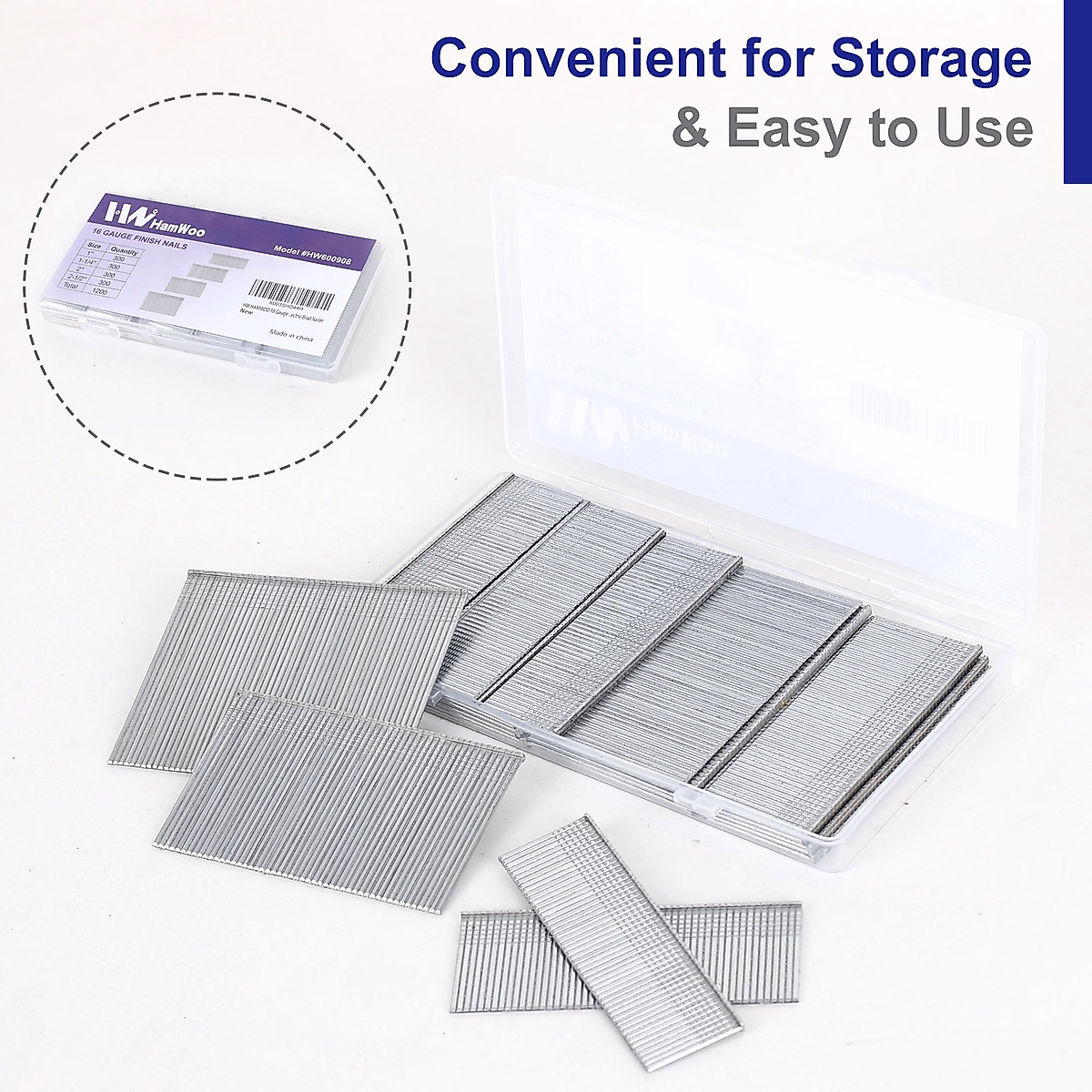 HW HAMWOO 16 Gauge by 1 to 2-1/2 in Multi-Pack Finish Nails,1200-Pack Including 1"- 300;1-1/4"- 300; 2"- 300; 2-1/2"- 300,Suitable for Most Brand of 16 Gauge Pneumatic and Electric Brad Nailer