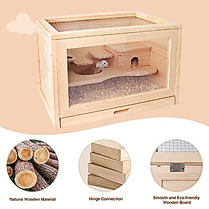 Kaiyopop Hamster Cage Large Wooden Hamster Cages and Habitats, Natural Wooden Hamster House (23.6" L X 15.7" W X 15.7”H) Acrylic Hamster Cage Small Animal Habitat for Rabbits, Guinea Pig, Chinchilla