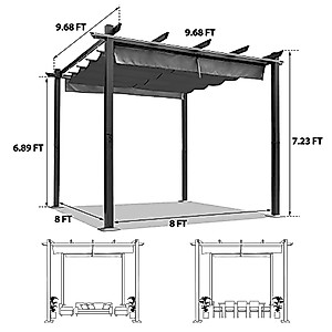 10x10ft Pergola Retractable Pergola Canopy，Aluminum Pergola Shelter with Polyester Sun and Rain-Proof Canopy,Aluminum Outdoor Pergola for Patio,Yard and Garden（Grey）