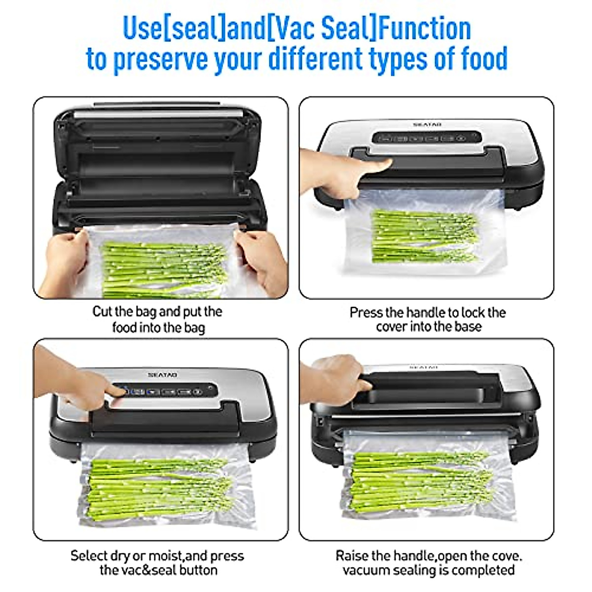 SEATAO VH5156 Vacuum Sealer, Handle Lock Design, Over 200 Continuous Uses Without Overheating, 80kpa Multifunctional Commercial and Home Vacuum Food Sealer Vacuum Sealers with Built-In Roll Storage and Cutter Starter Kit