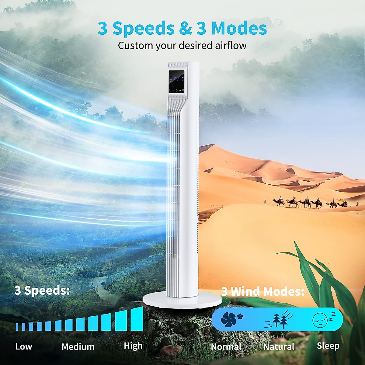 Tower Fan - 36" Bladeless Tower Fan with Remote, 7.5H Timer Quiet Cooling Fan, Oscillating Fan with 3 Speeds & Modes, LED Display, Portable Standing Floor Fan for Home Bedroom Living Room Office