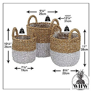 Plastic Lined Seagrass Baskets, Set of 3, Paint Dipped in Coastal White, Chunky Weave, Rustic, Natural, Barrel Belly, Top Handles, 10.25, 11, and 12.25 Inches T
