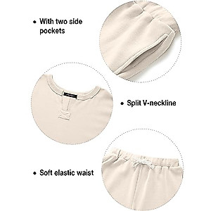 MEROKEETY Women's Long Sleeve Pajama Set Henley Knit Tops and Shorts Sleepwear Loungewear, Beige, L