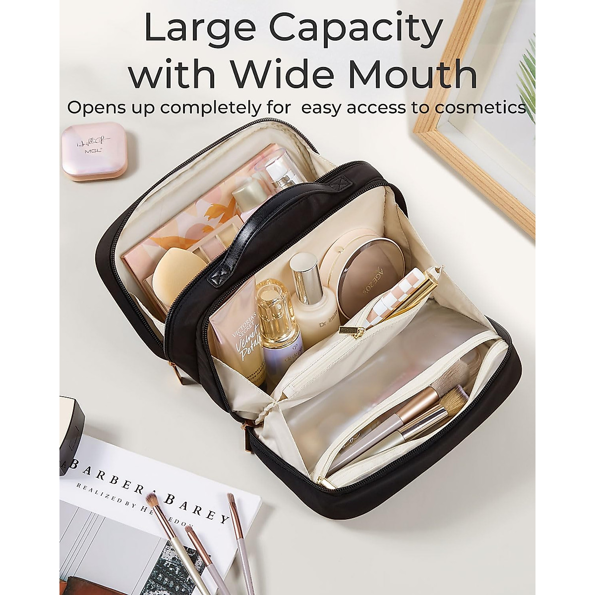 BAGSMART Large Makeup Bag Organizer,Double-Layer Travel Cosmetic Case with Acrylic Mirror,Makeup Train Case with Adjustable Dividers Women Cosmetics Makeup Brushes Toiletries,Black