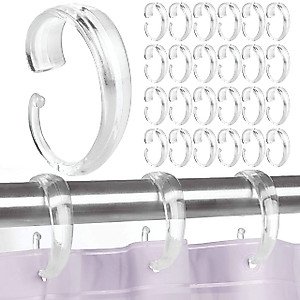 24 Pc Heavy Duty Plastic Shower Curtain Rings Clear Hooks Type C Shaped Rod Bath