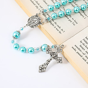 Nazareth Store Blue Pearl Beads Womens Rosary Handcrafted Beaded Necklace with Miraculous Medal and Jesus Cross