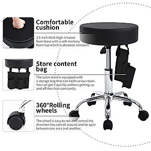 Rolling Stool Adjustable Height Hydraulic Swivel Stool with Wheels & Storage Bag, PU Leather Tattoo Facial Massage Spa Salon Stool Medical Stool, Black