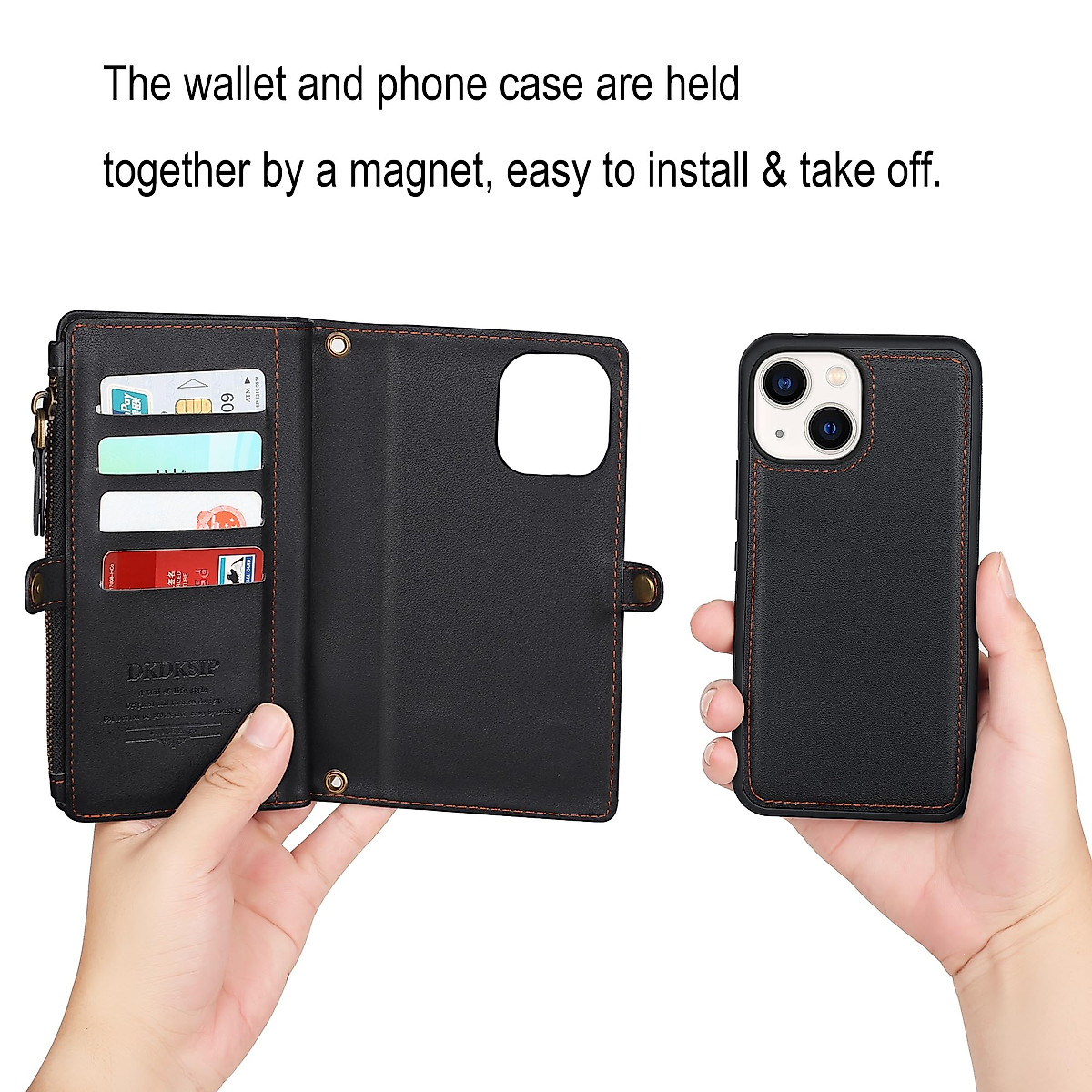 DKDKSIP for iPhone 15 Wallet Case for Women, Support Wireless Charging with RFID Blocking Card Holder, PU Leather Zipper Wallet Detachable Magnetic Phone Case with Crossbody Strap, Black