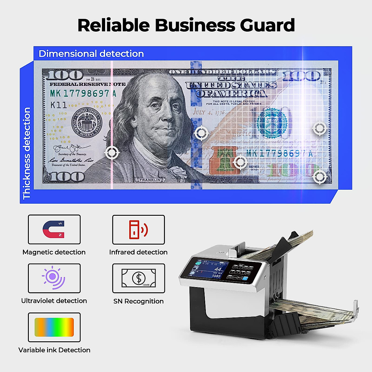 MUNBYN Money Counter Machine Mixed Denomination, Value Counting, Multi-Currency, UV/IR/MG/MT Counterfeit Detection, Ultra Compact and Lightweight