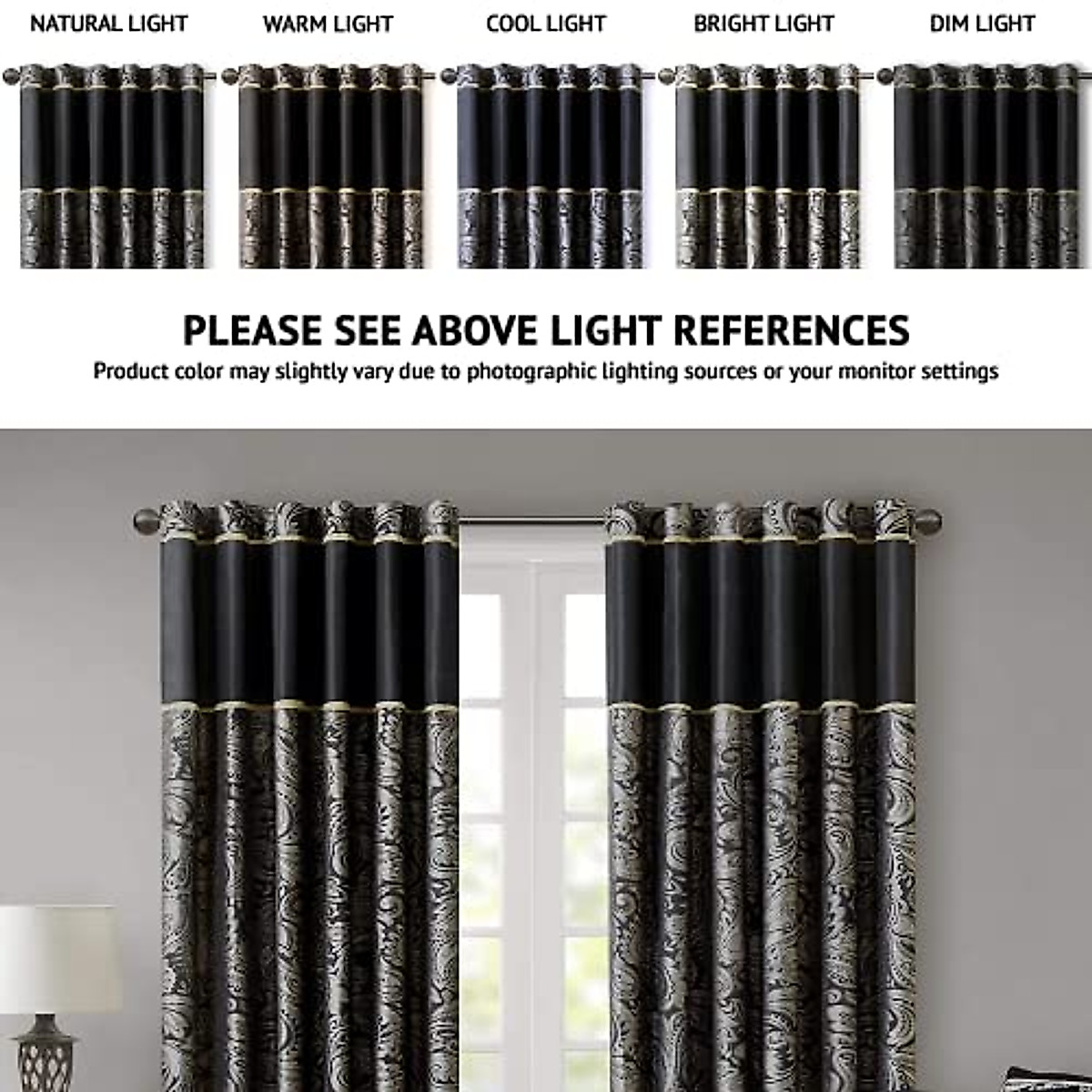 Black Curtains For Living Room , Traditional Back Tab Curtains For Bedroom , Aubrey Jacquard Rod Pocket Window Curtains , 50x84", 2-Panel Pack