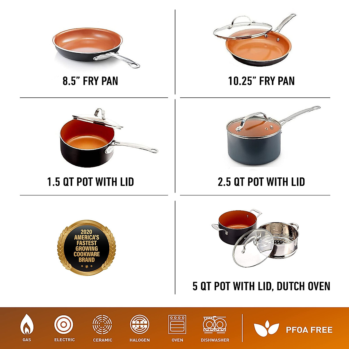 Gotham Steel 10 Piece Pots and Pans Set with Ultra Nonstick Diamond Surface, Includes Frying Pans, Stock Pots, Saucepans & More, Stay Cool Handles, Oven Metal Utensil & Dishwasher Safe, 100% PFOA Free