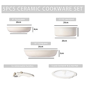 Florosa Ceramic Pots and Pans Set Non Stick with Removable Handle Detachable Handle Pots Pans, 5pcs Nonstick Cookware Set Non Toxic PFAS/PTFE Free White
