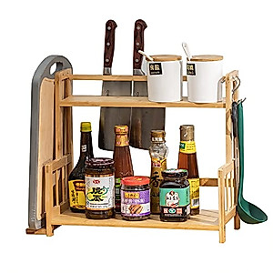 SHUOXIANG Kitchen Spice Racks, Bamboo Countertop Storage Organizer Jars Bottle Sauce Seasoning Rack Holder, 2 Tier Standing Step Shelf, Includes Knife, Cutlery, Chopping Board Storage, plus 2 Hooks