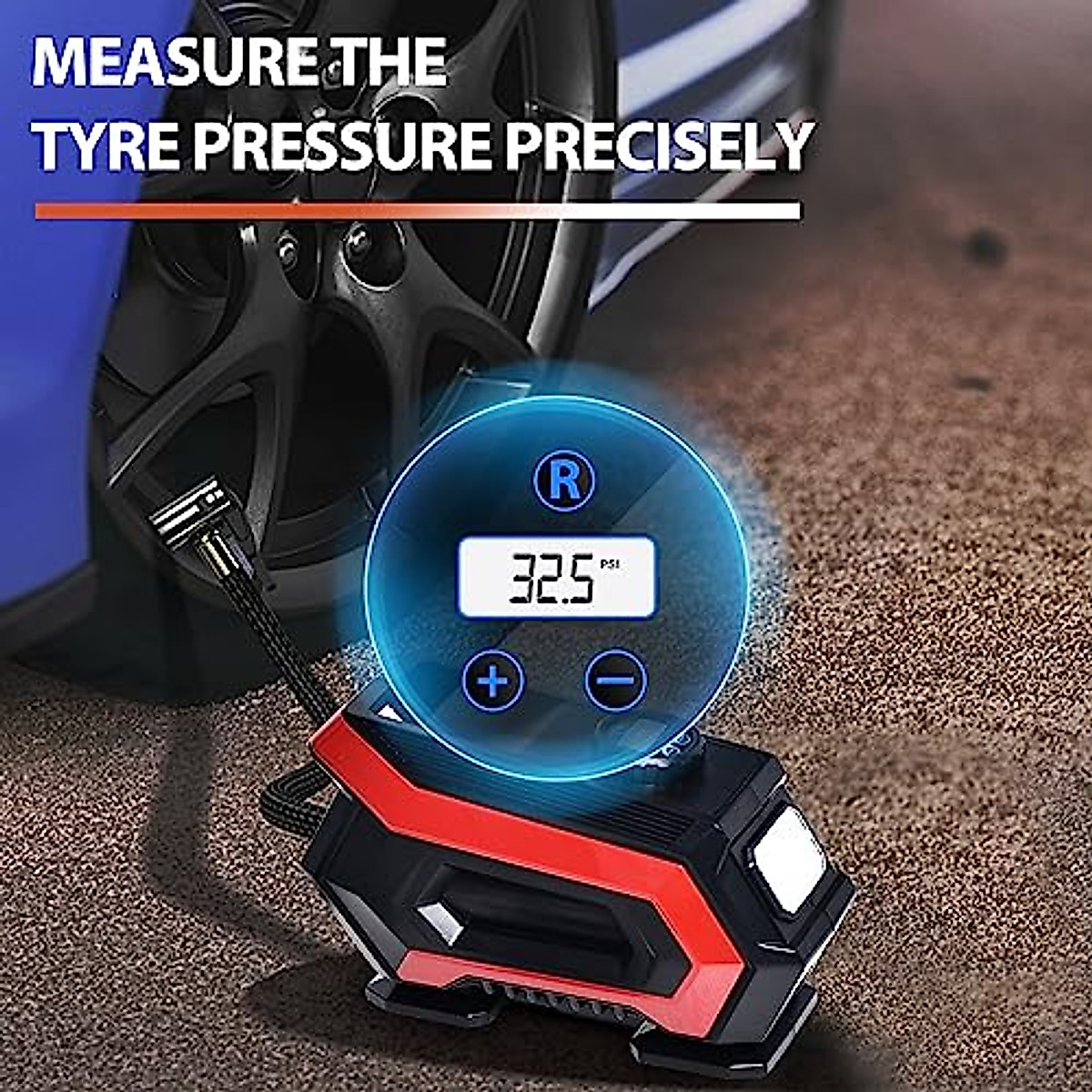 CarCome Portable Tire Inflator, Powerful 150 PSI Air Compressor with Digital Pressure Gauge and Emergency LED Light, Ideal for Cars, Bikes, Balloons (Red)