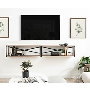 Kate and Laurel Ascott Modern Rectangle Floating Shelf, 36 x 12, Natural Wood and Black, Farmhouse 2-Tier Wide Wall Shelf for Living Room or Bedroom Display or Storage