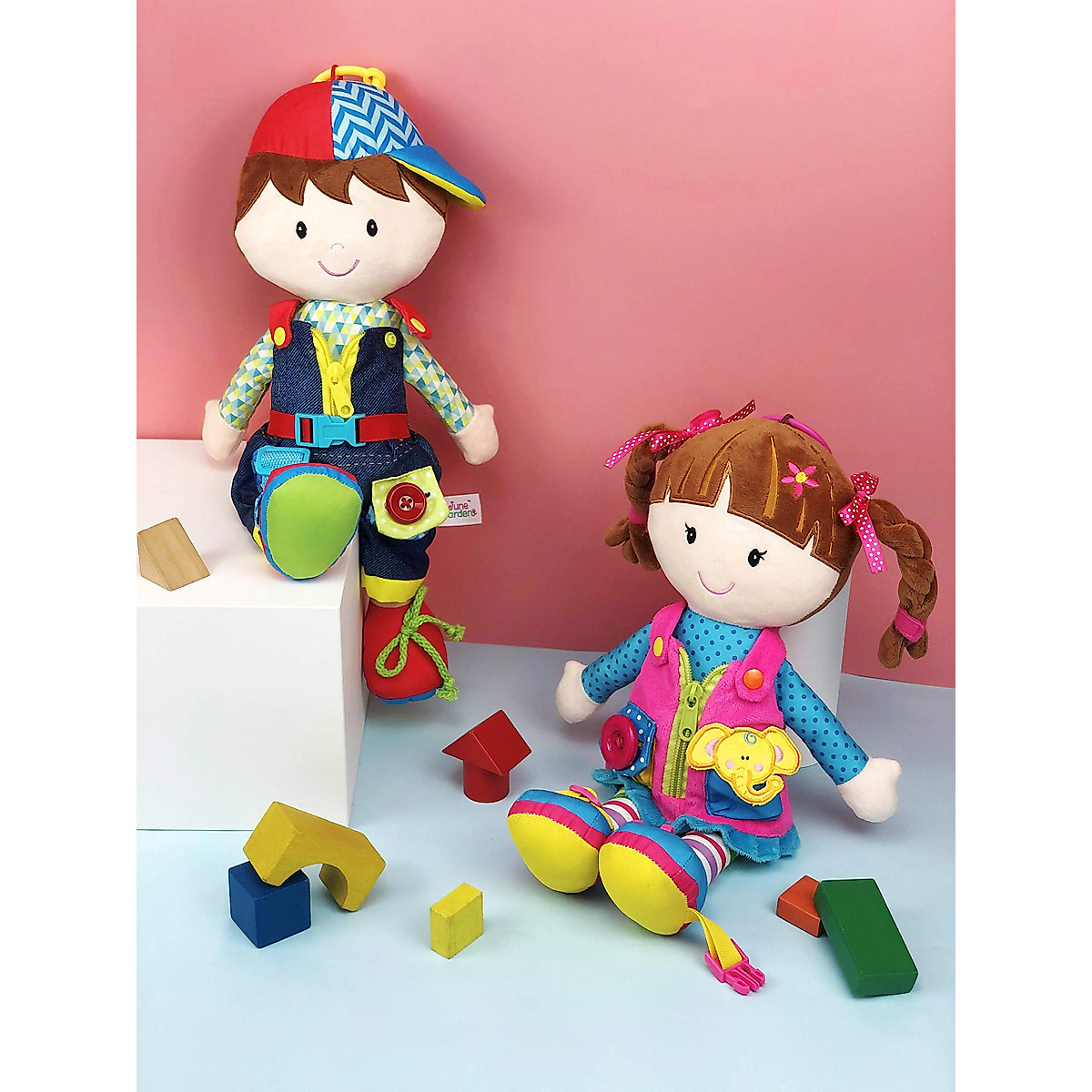 June Garden 15.5" Dressy Friends Belle - Educational Stuffed Plush Doll for Kids and Toddlers 2 Years and Up - Montessori Buckle Soft Toy