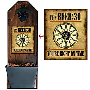 Beer Thirty Wall Mounted Bottle Opener and Cap Catcher- Handcrafted by a Vet - 100% Solid Pine, 3/4" Thick - Rustic Bottle Opener Sign and Bucket - Unique Gift that's Useable for Years!