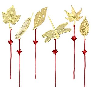 6pcs Metal Bookmarks with Chain, Golden Hollow Bookmark Vintage Exquisite Metal Bookmarks with Red Chinese Knot Hanging String Maple Leaf Dragonfly Feather for Book Lovers Teens Women Men