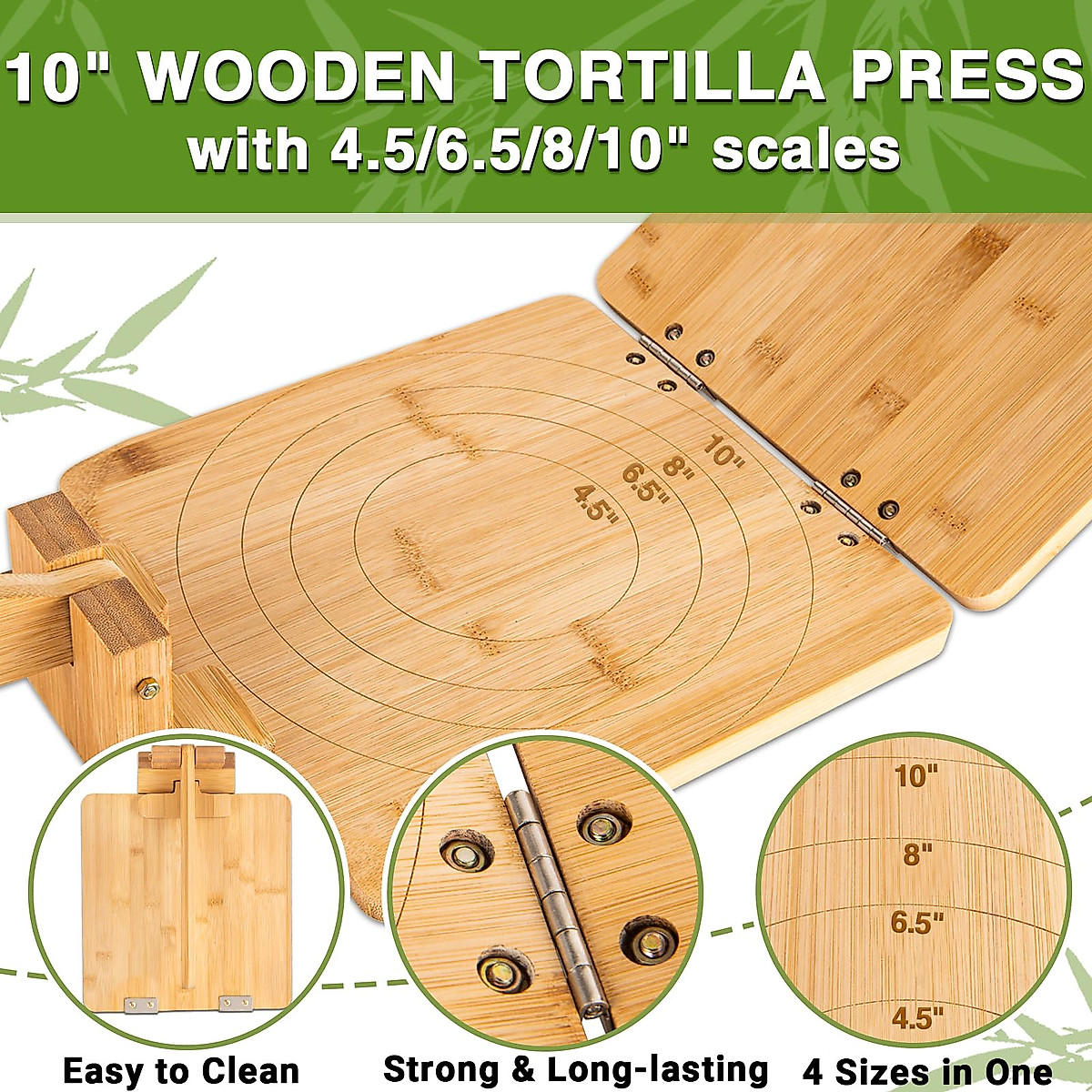 Bamboo Wooden Tortilla Press - 10 Inch Wood Tortilla Maker Press Square with 60 Pcs Parchment Paper and Scraper, Mexican Tortillera Presser 4.5” to 10" for Homemade Tortillas, Pataconera & Dough Press